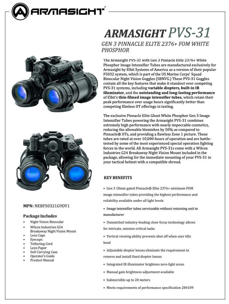 Elbit Systems Armasight PVS-31D 1x27mm Pinnacle Elite 2376+ FOM | Gen 3 ...