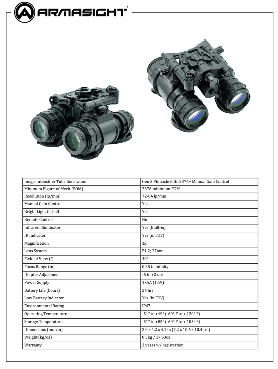 Elbit Systems Armasight PVS-31D 1x27mm Pinnacle Elite 2376+ FOM | Gen 3 ...